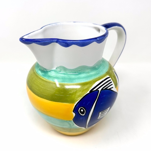 Dining | Pretty Hand Painted Water Pitcher Blue Striped Background Fish ...